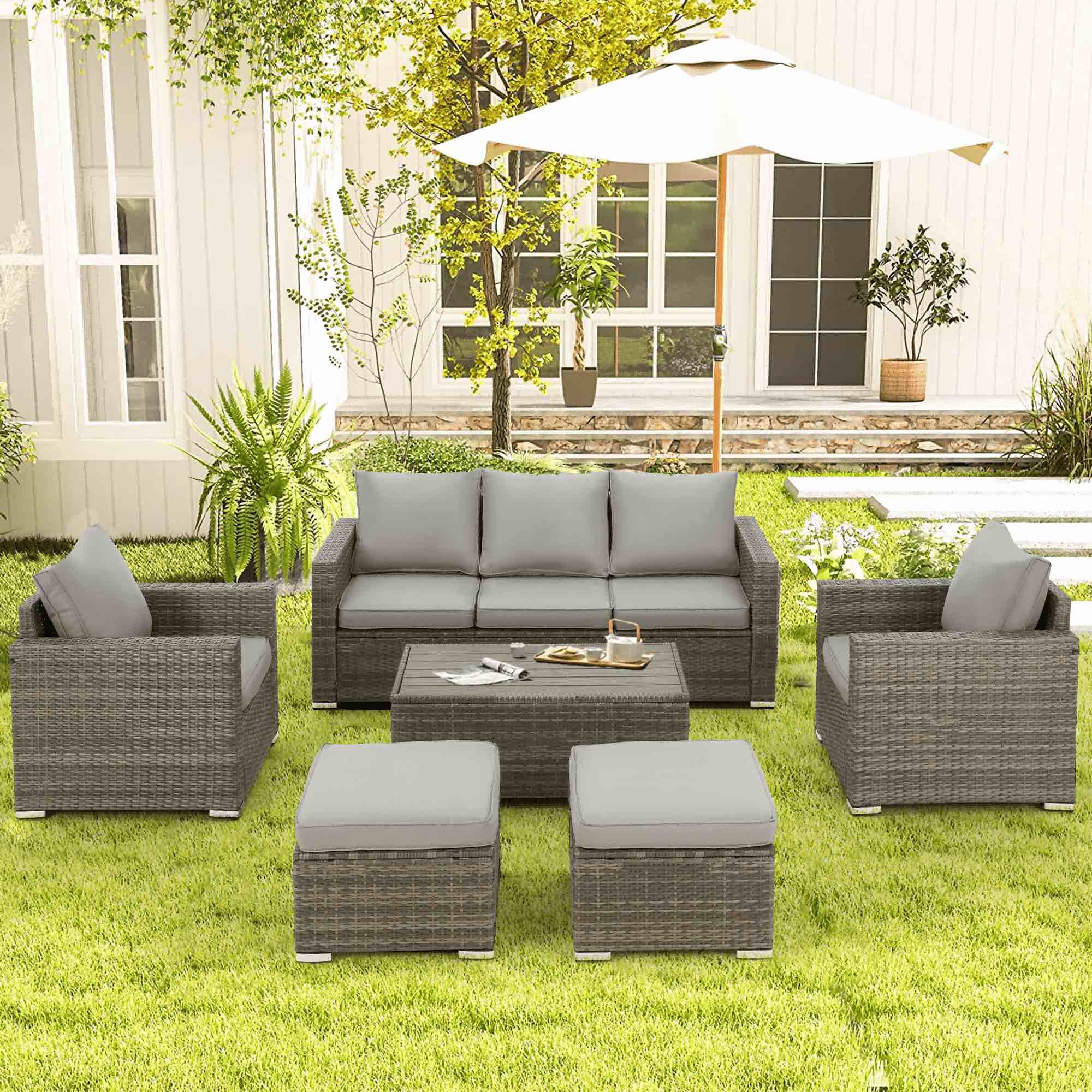 HOMREST Outdoor Patio Funiture Set, 6 Piece Weaving Wicker Rattan Sofa ...