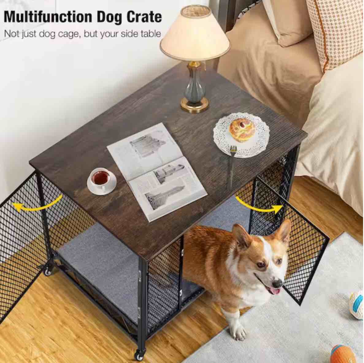 Dog Crate Furniture, Side End Table with Tray, Cushion and Casters