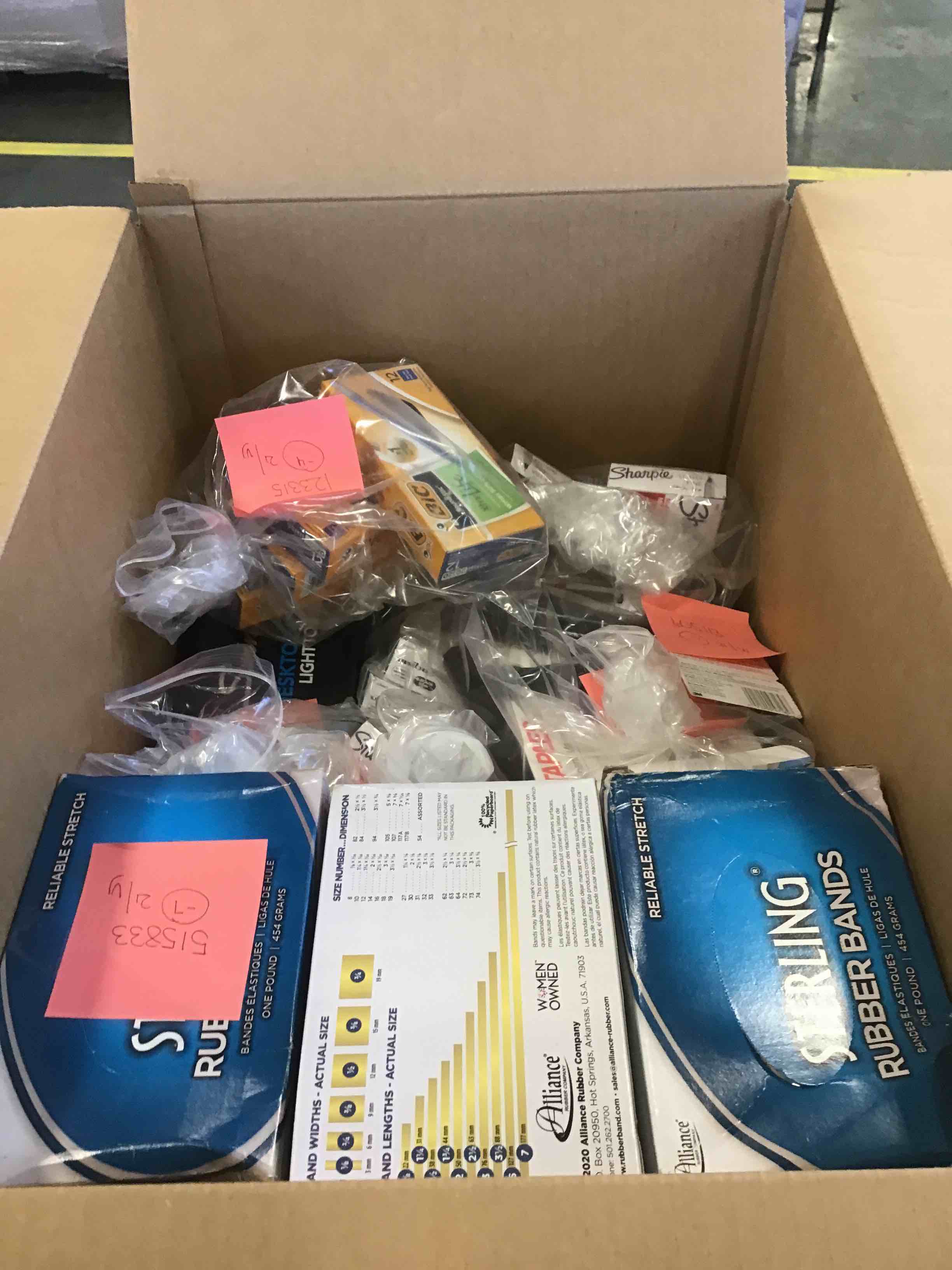 Assorted Box of Staples Office Supplies including/ Sharpie/ Bic/Rubber ...