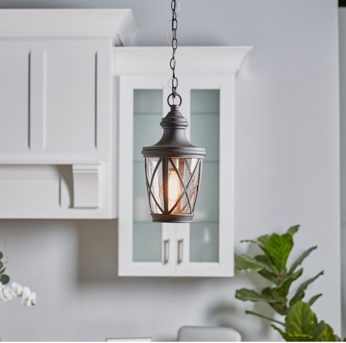 allen + roth Castine Bronze Craftsman Seeded Glass Lantern LED Pendant ...