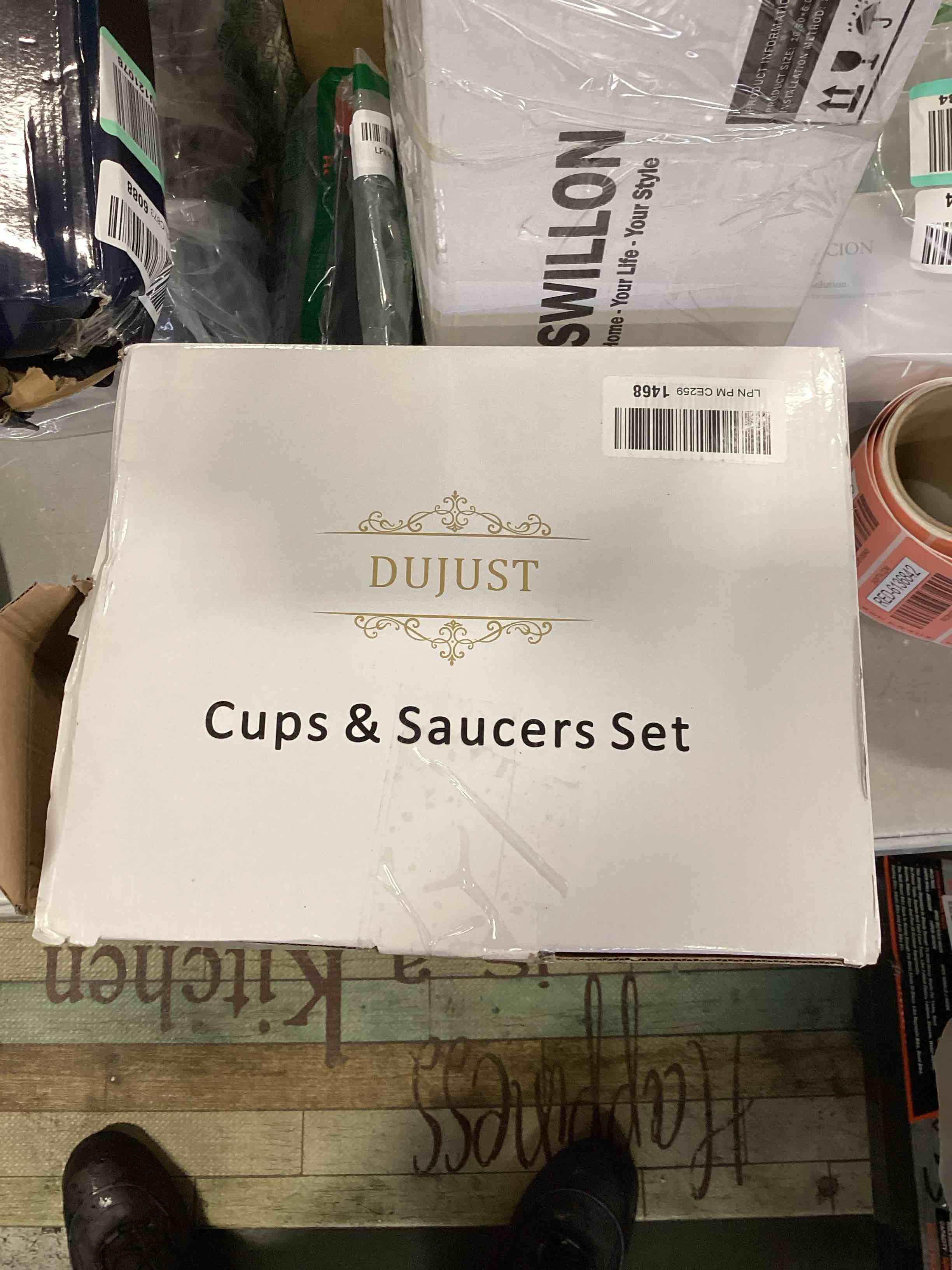 DUJUST Tea Cups and Saucers Set of 4 (7.4oz), Luxury Tea Cup Set with Golden Trim, Black Coffee ...