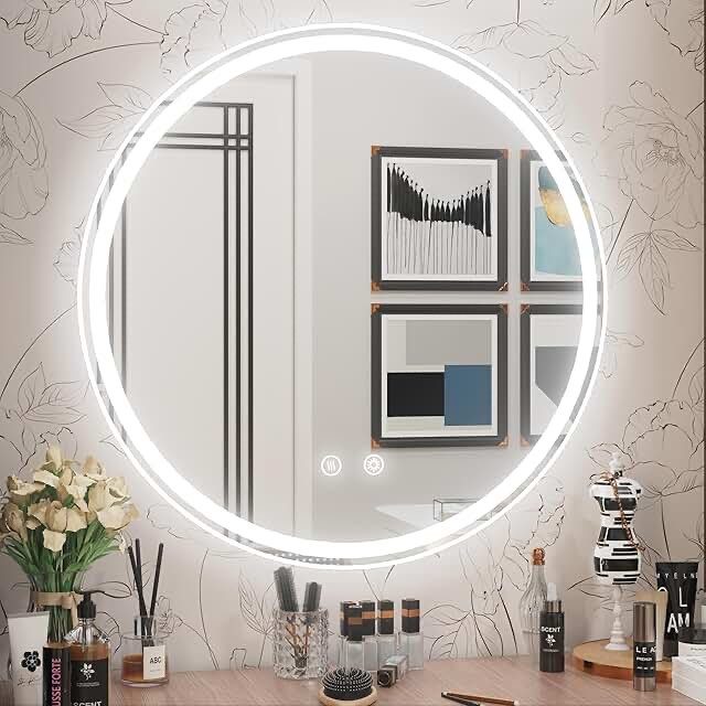 18" Inch LED Round Mirror, Bathroom Mirror with Lights, Wall Mounted ...