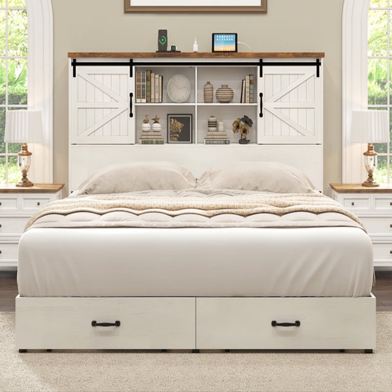 Sherell Wooden Bookcase Bed Frame, King, White(incomplete box 1/2)
