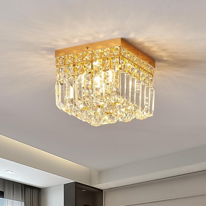 CEENLI Mini Modern Square Crystal Flush Mount Gold Chandelier 7.8 inch ...