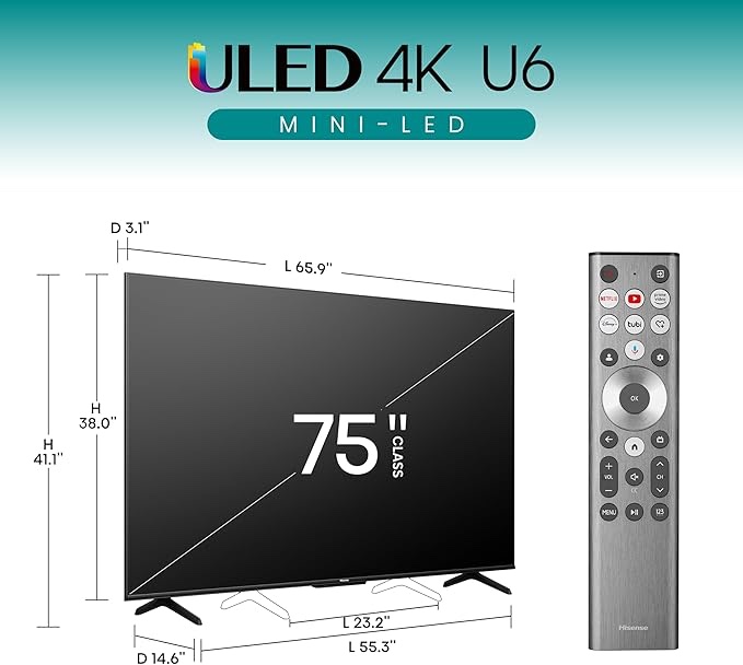 Hisense U6 Series 75U6N 75 Inches ULED 4K Smart TV | Mini-LED | QLED ...