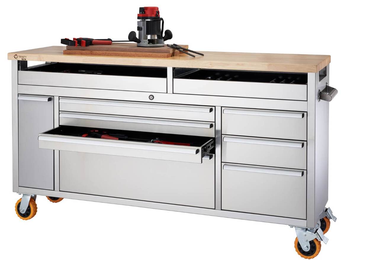 TRINITY PRO® | 66x19 | Stainless Steel Rolling Workbench w/ Clampable ...