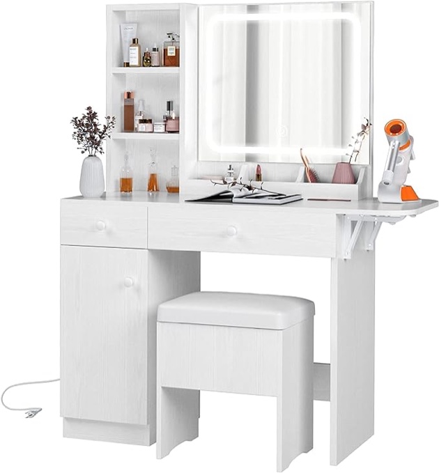 Vanity Desk Set With Led Lighted Mirror & Power Outlet