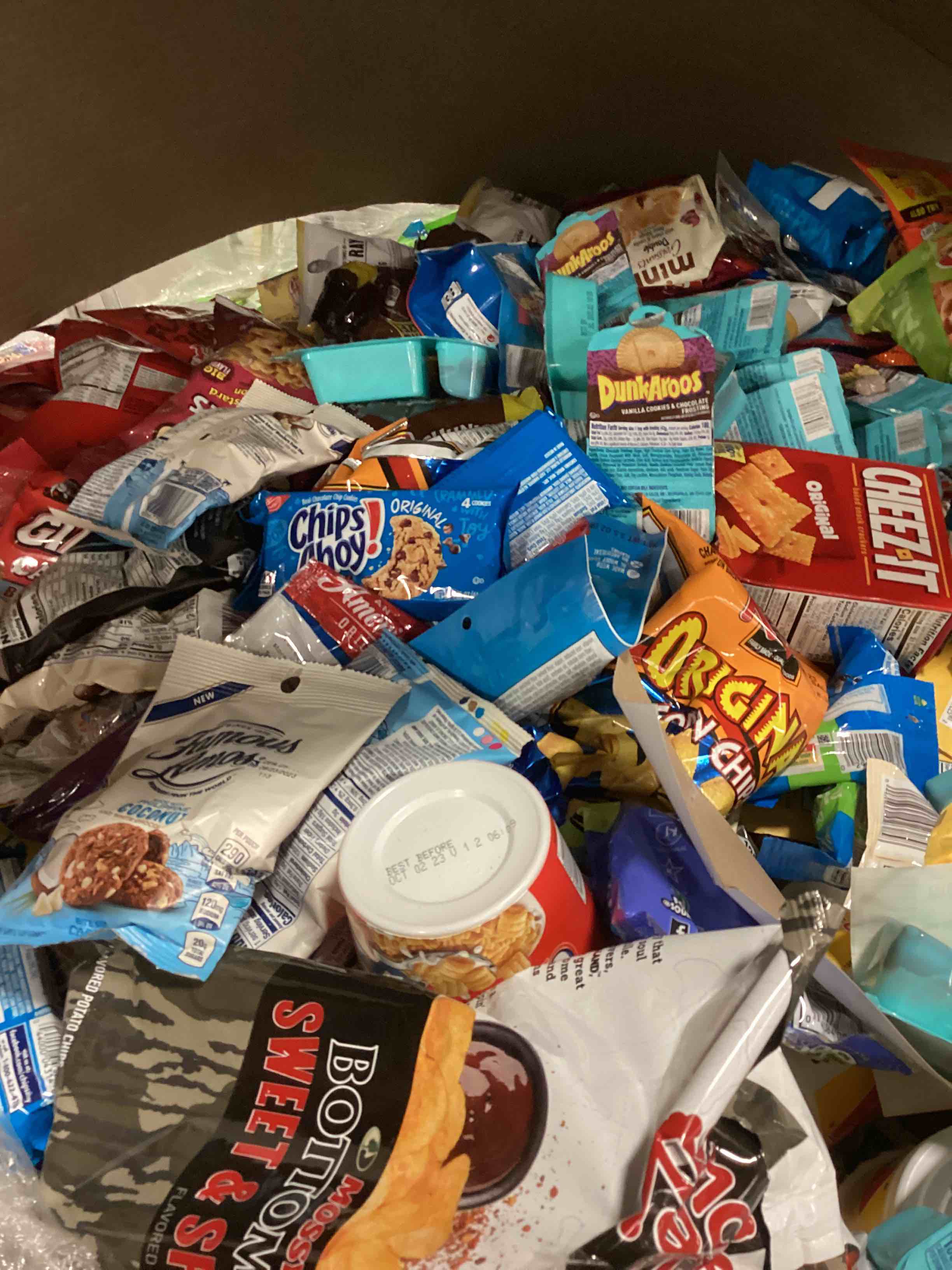 box lot of snacks