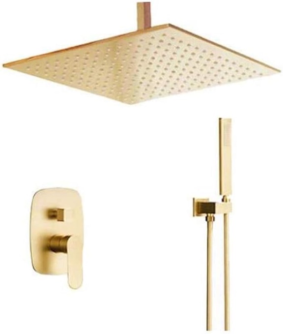AYIVG Brushed Gold Bathroom Brass 12 Inch Ceiling Mount Rain Mixer Rainfall Shower Faucet System ...