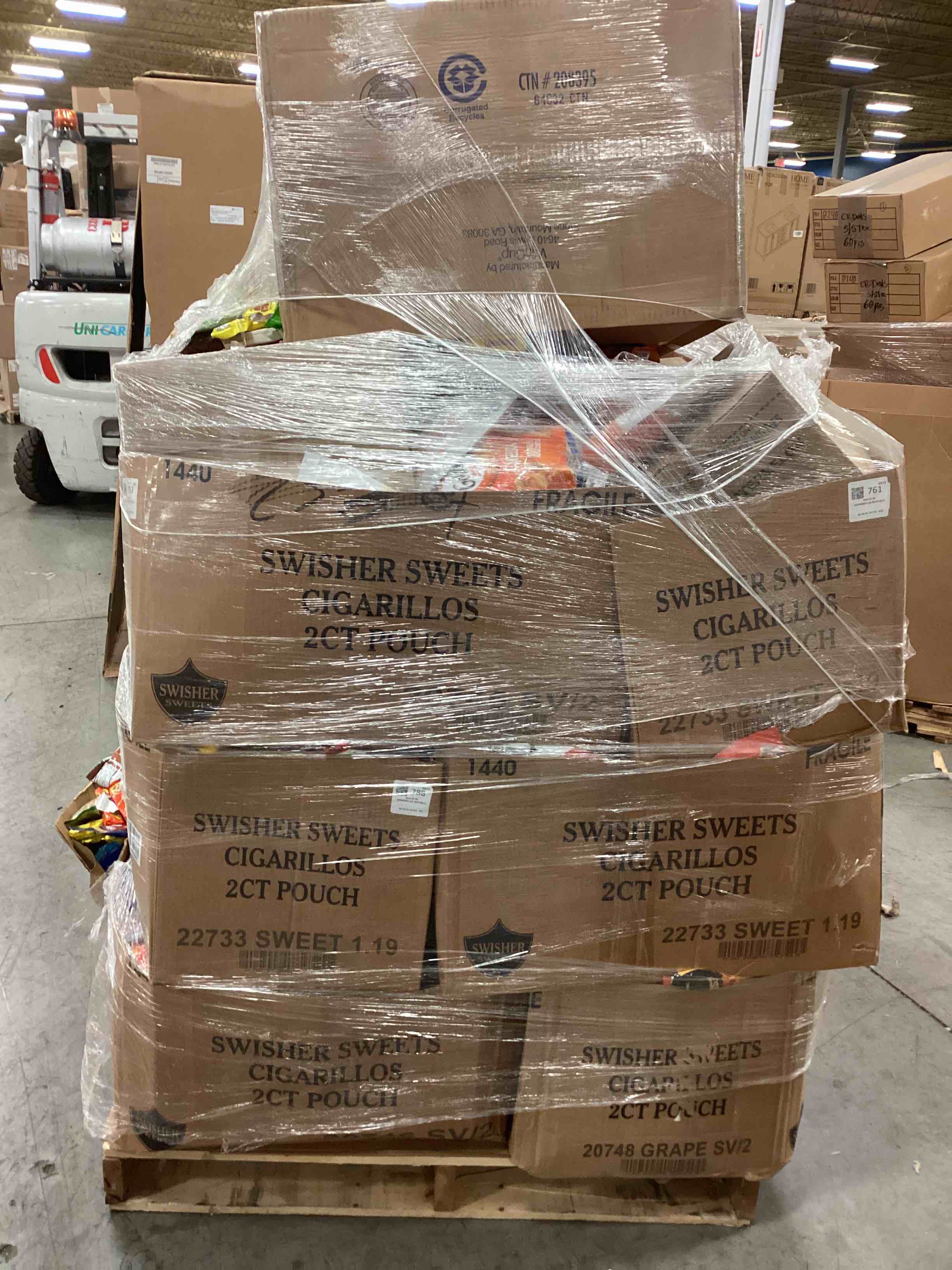 pallet of assorted foods: chips, candy, peanuts