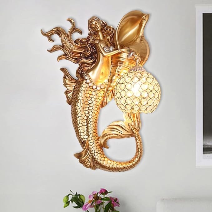 Mermaid with glass, crystal bulb, hanging off of shell light fixture