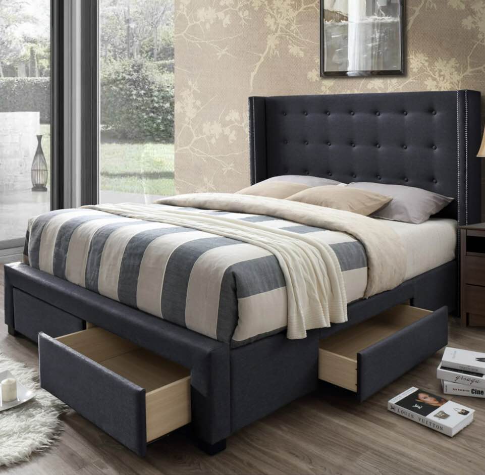 dg casa savoy storage wing back queen bed charcoal(incomplete box 4/6)