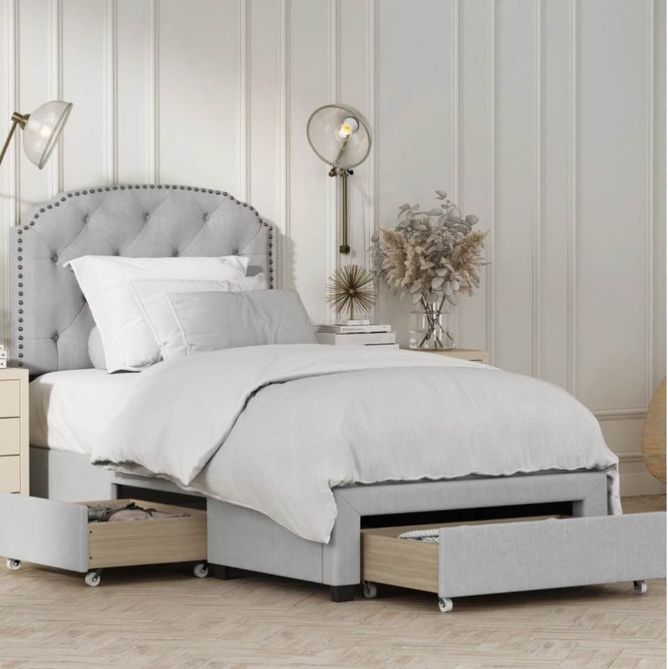 DG Casa Argo Tufted Upholstered Panel Bed Frame with Storage Drawers and Nailhead Trim Headboard Twin incomplete box 2 3 only