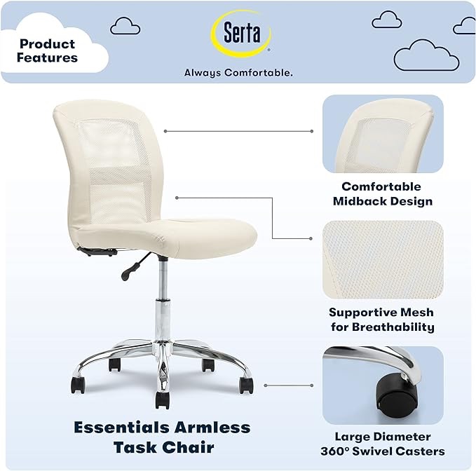 Serta Essential Mesh Low-Back Computer Desk Task Chair with No Arms for ...