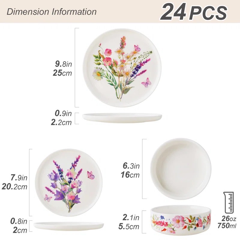 Daniello 24 Piece Porcelain Dinnerware Set, Service For 8