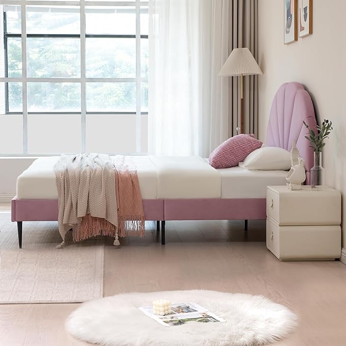Pink Bed Frame Full Size, Aesthetic Upholstered Bed with Unique ...