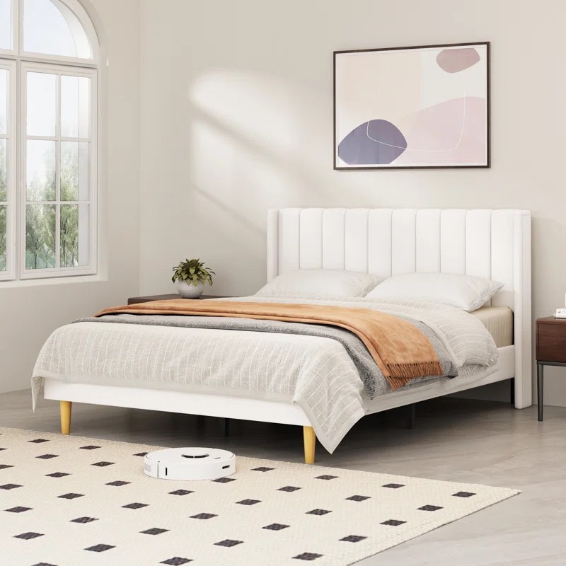 Deeb Luxury Corduroy Upholstered Platform Bed Frame - Modern Wingback ...
