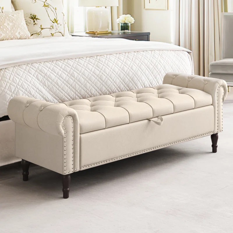 Ivory storage bench, bedroom bench, upholstered bench