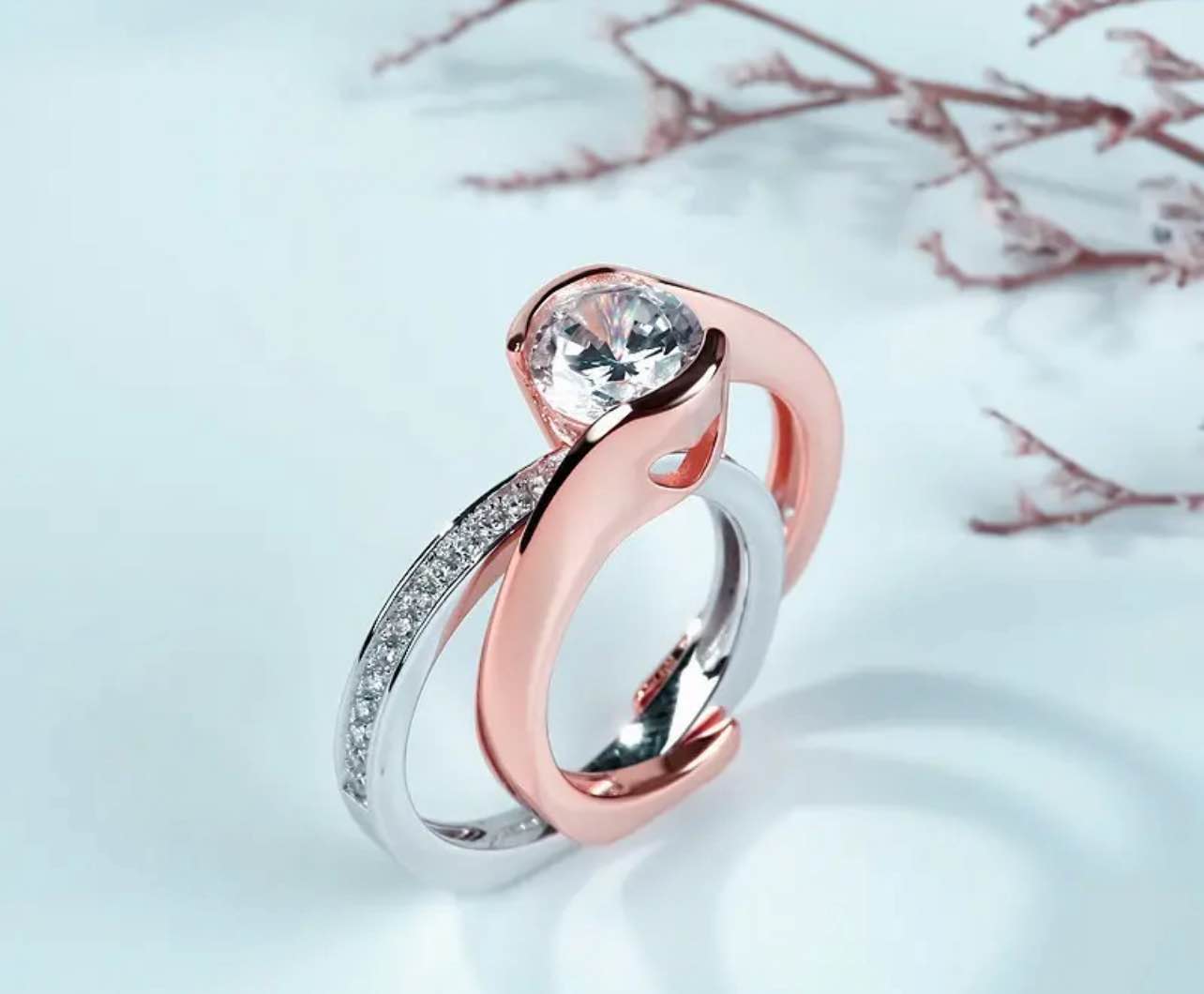 Gorgeous 925 Silver 18K Rose Gold Plated Ring Sz 10