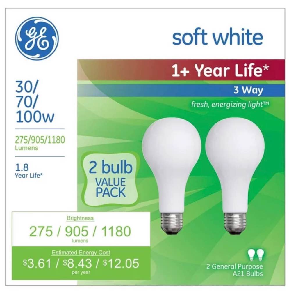 GE Soft White 3-Way 30/70/100 Watt, 275/905/1180 Lumen A21 Incandescent ...