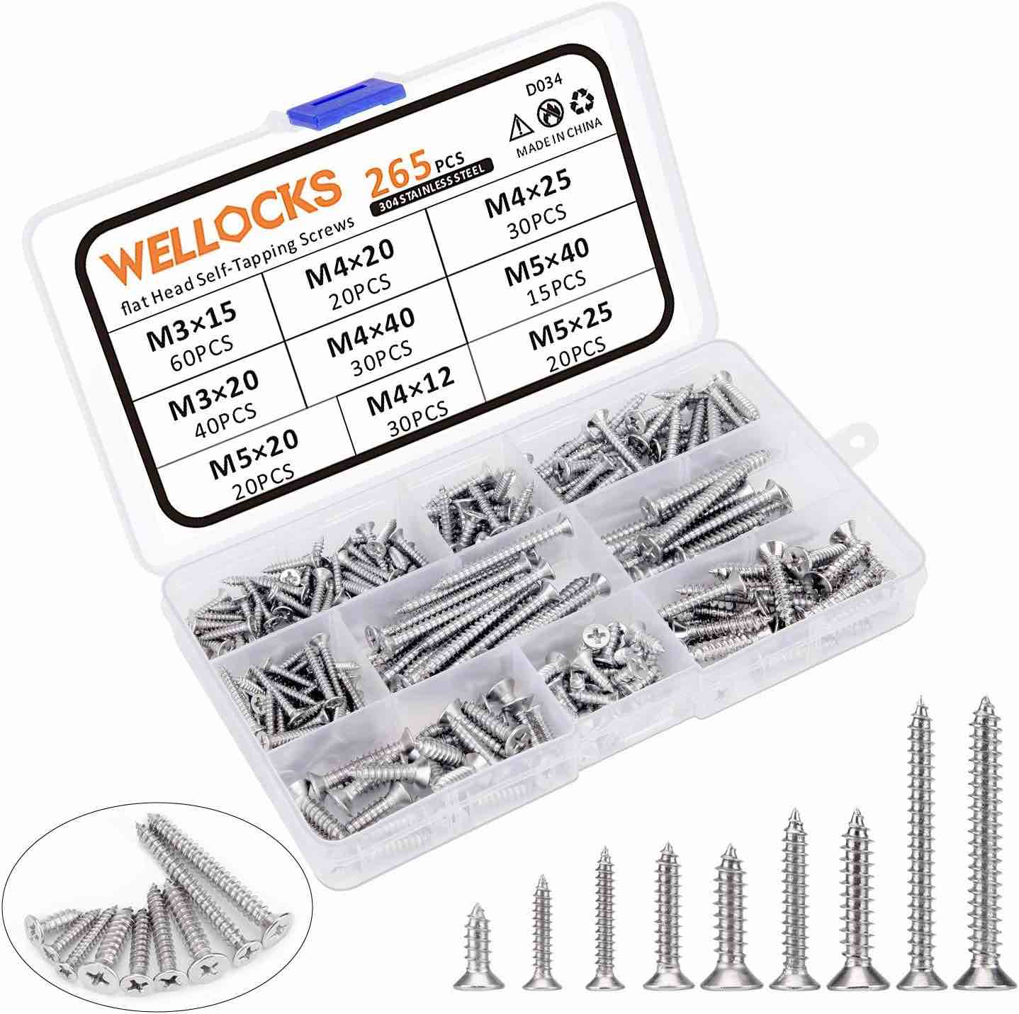 WELLOCKS Wood Screws — 265 PCS 304 Stainless Steel M3/M4/M5 Self Tapping Screws Assortment Set ...