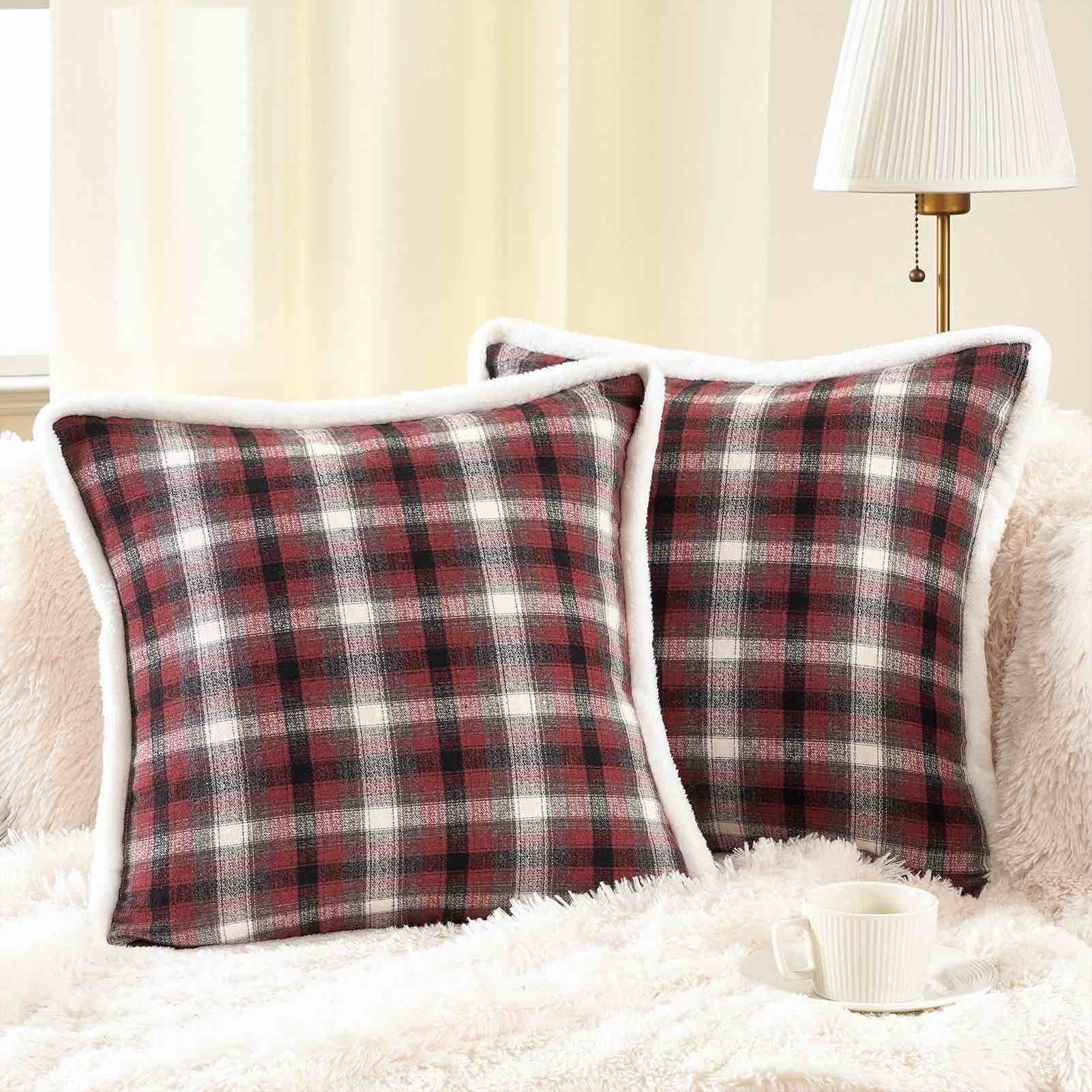 Topfinel Flannel Plush Frayed Plaid Pattern Soft Comfort Pillow Covers ...