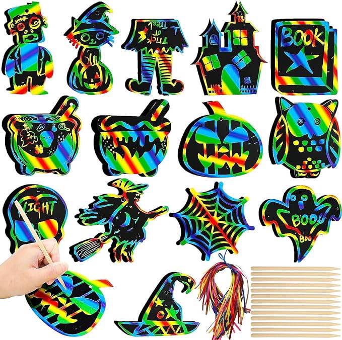 96 Pcs Halloween Scratch Paper Art for Kids Rainbow Magic Scratch Off ...