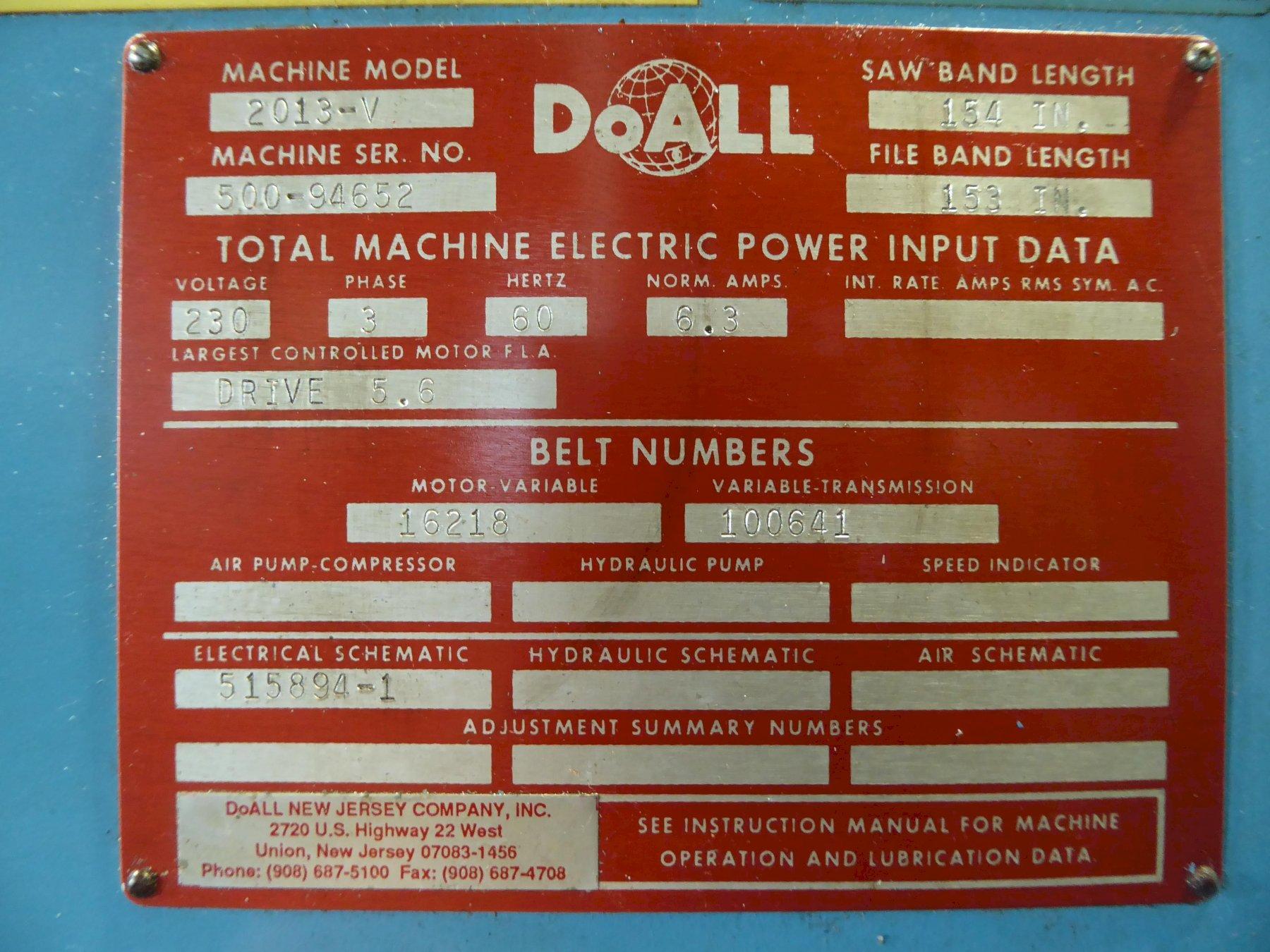 20″ DoAll Vertical Band Saw 2013-V, 13″ Under Guide, 55-2200 FPM, 26″ x ...