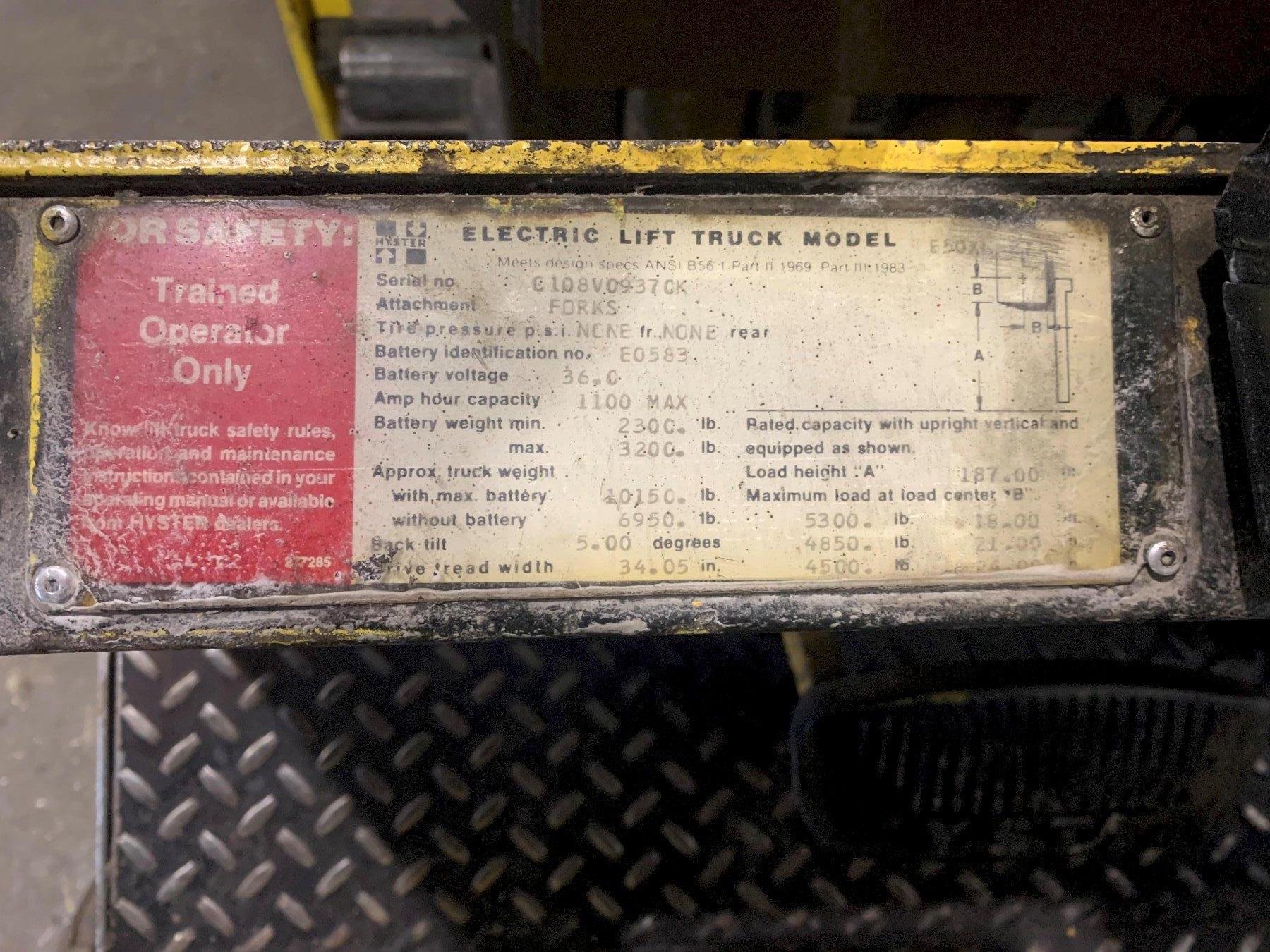 5,000 LB. HYSTER MODEL E50XL ELECTRIC FORKLIFT W/ CHARGER. STOCK ...
