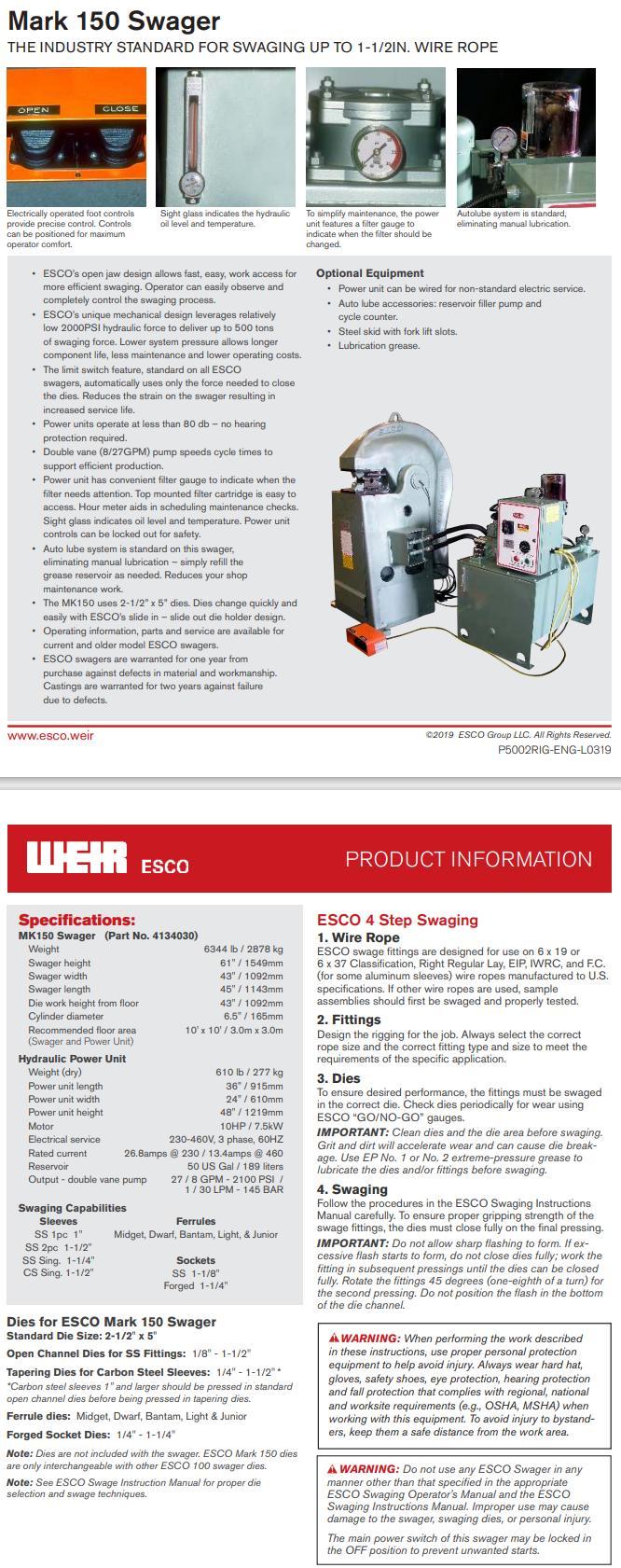 500 TON ESCO MODEL 150 SWAGING PRESS: STOCK #17519