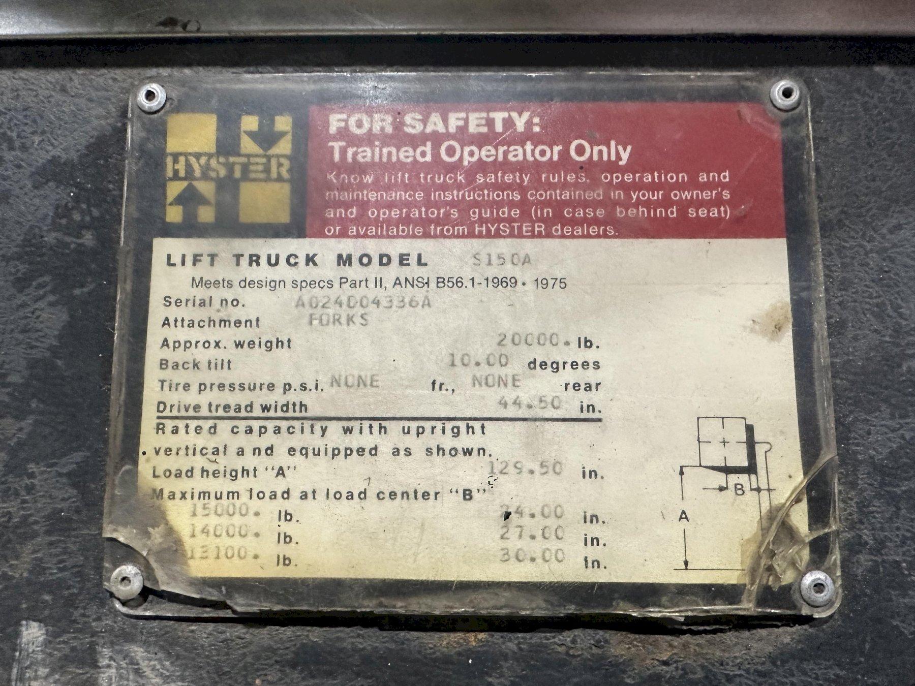 15,000 LBS HYSTER MODEL S150A LP GAS FORKLIFT: STOCK #18139