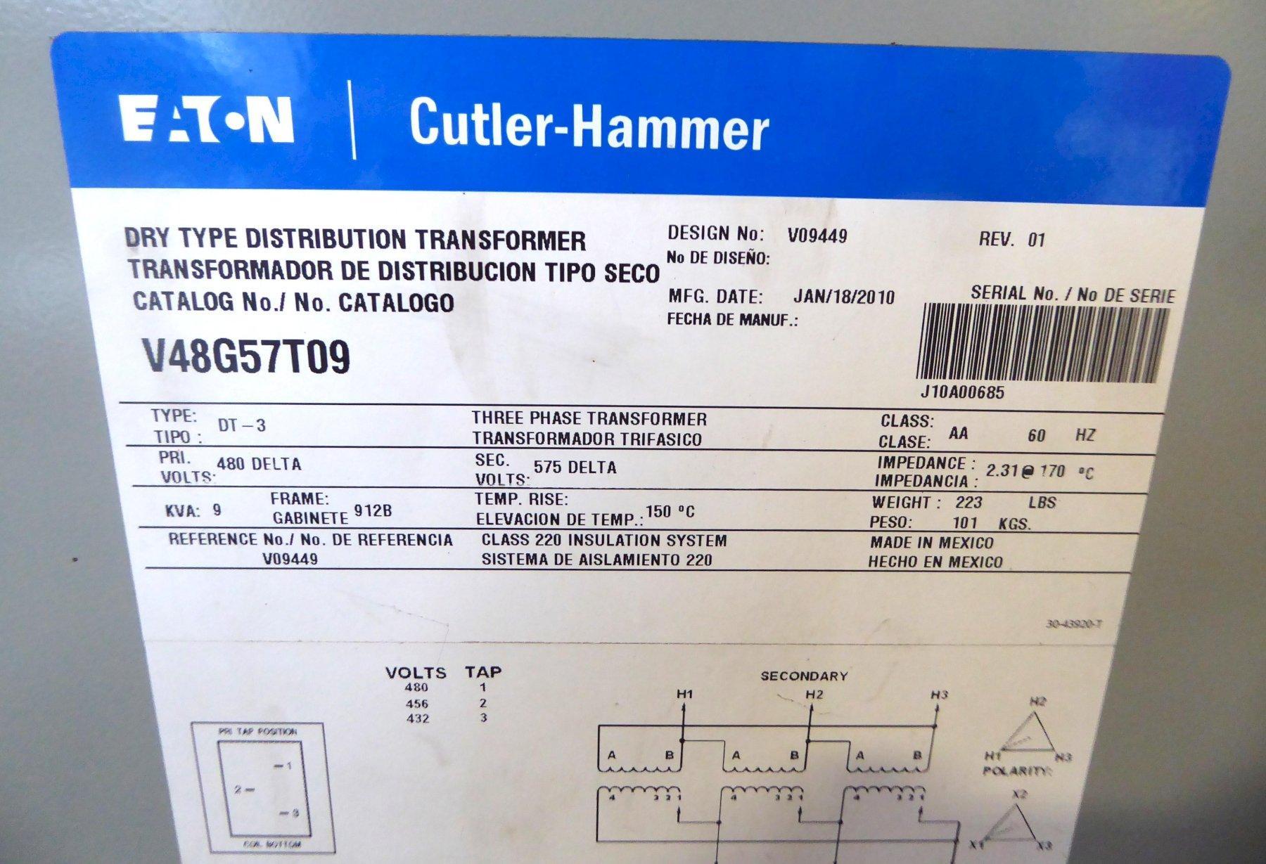 9 KVA Cutler-Hammer Transformer, 480 Volts Primary, 575 Volts Secondary ...