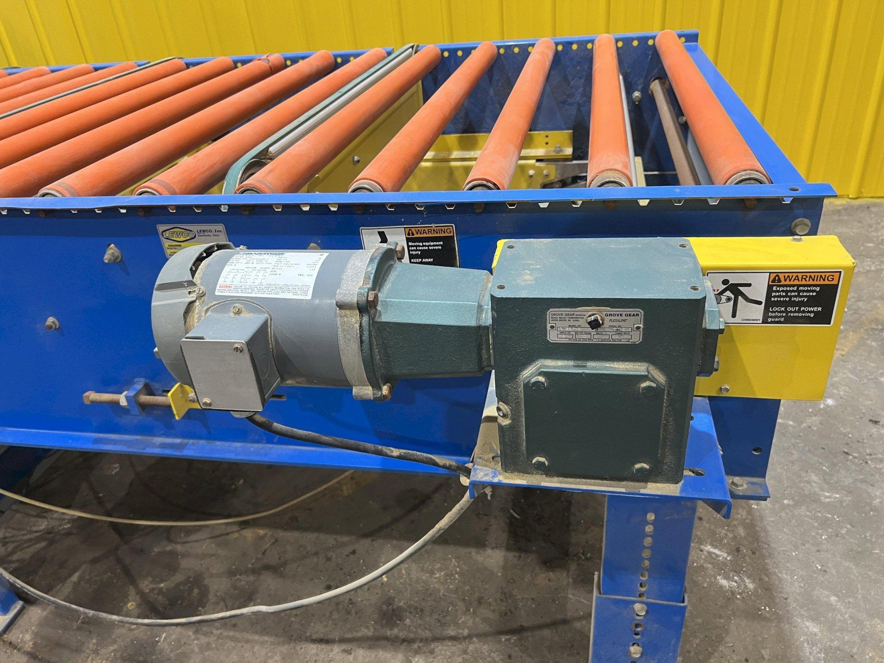 120″ X 44″ LEWCO POWERED ROLLER CONVEYOR WITH PNEUMATIC TRANSFERS ...