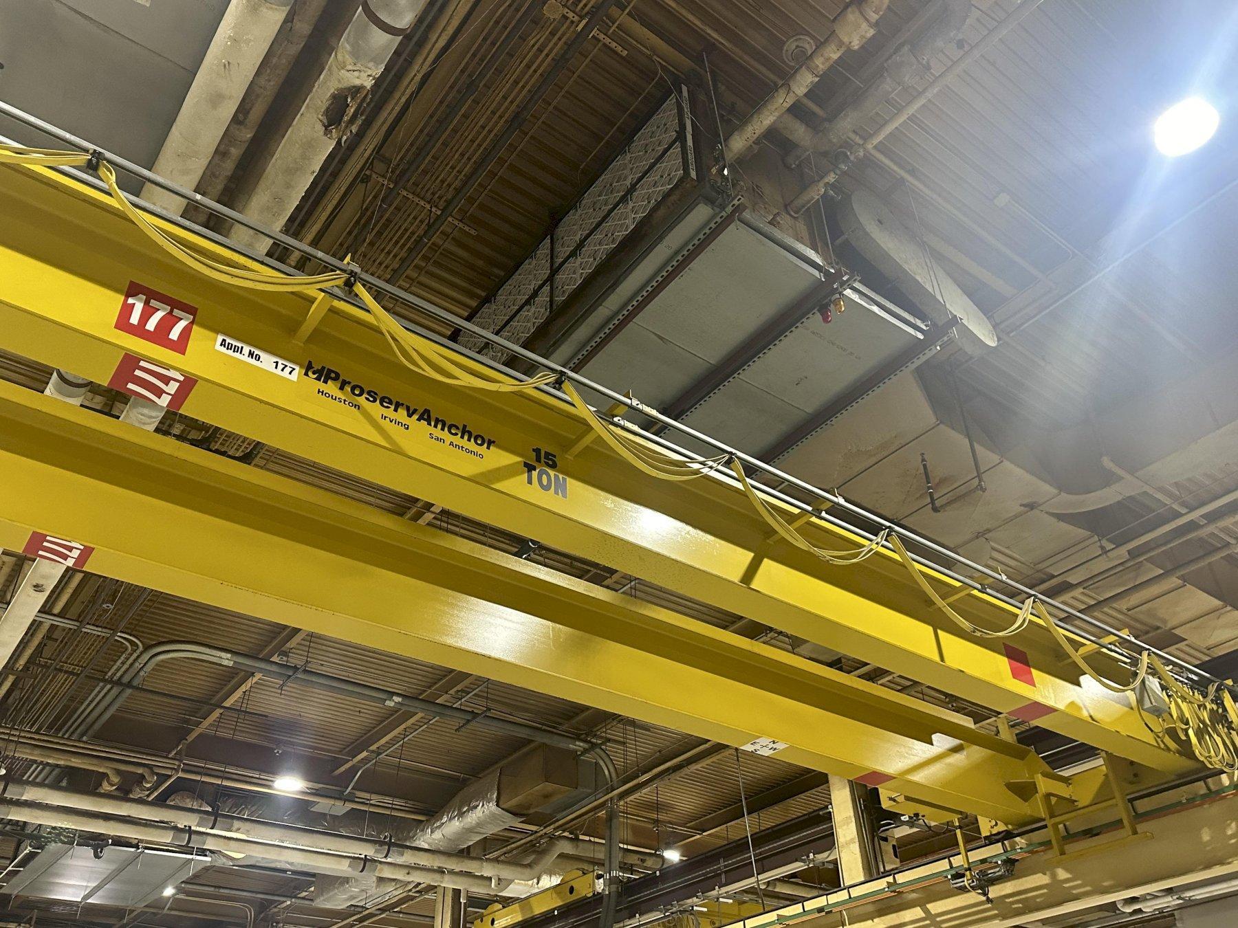 15 TON X 50′ PROSERV DOUBLE GIRDER OVERHEAD BRIDGE CRANE W/ SHAW-BOX ...