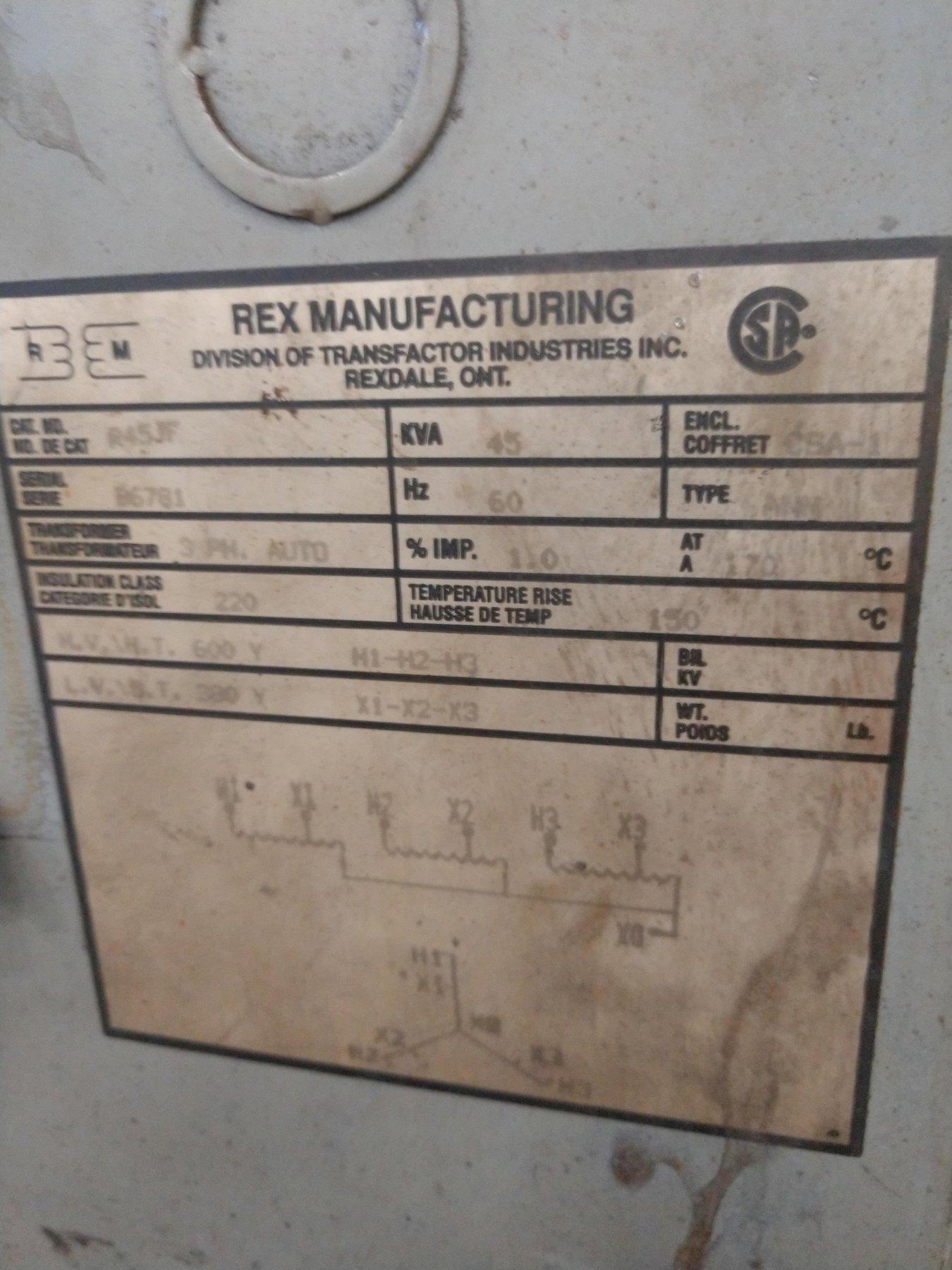 45 KVA REX MANUFACTURING TRANSFORMER: STOCK #10825