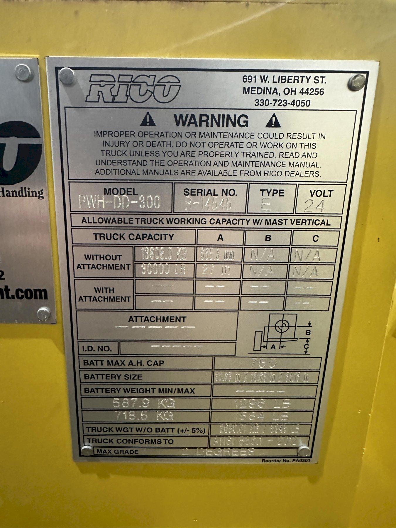 RICO MODEL #NH-DD-300 ELECTRIC FORKLIFT: STOCK #21871