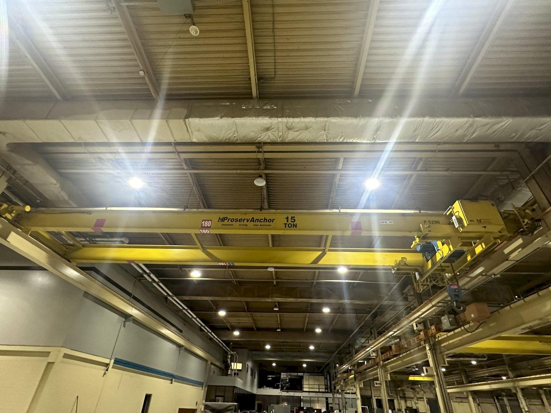 15 TON X 47’6″ PROSERV ANCHOR OVERHEAD BRIDGE CRANE W/ SHAWBOX HOIST ...