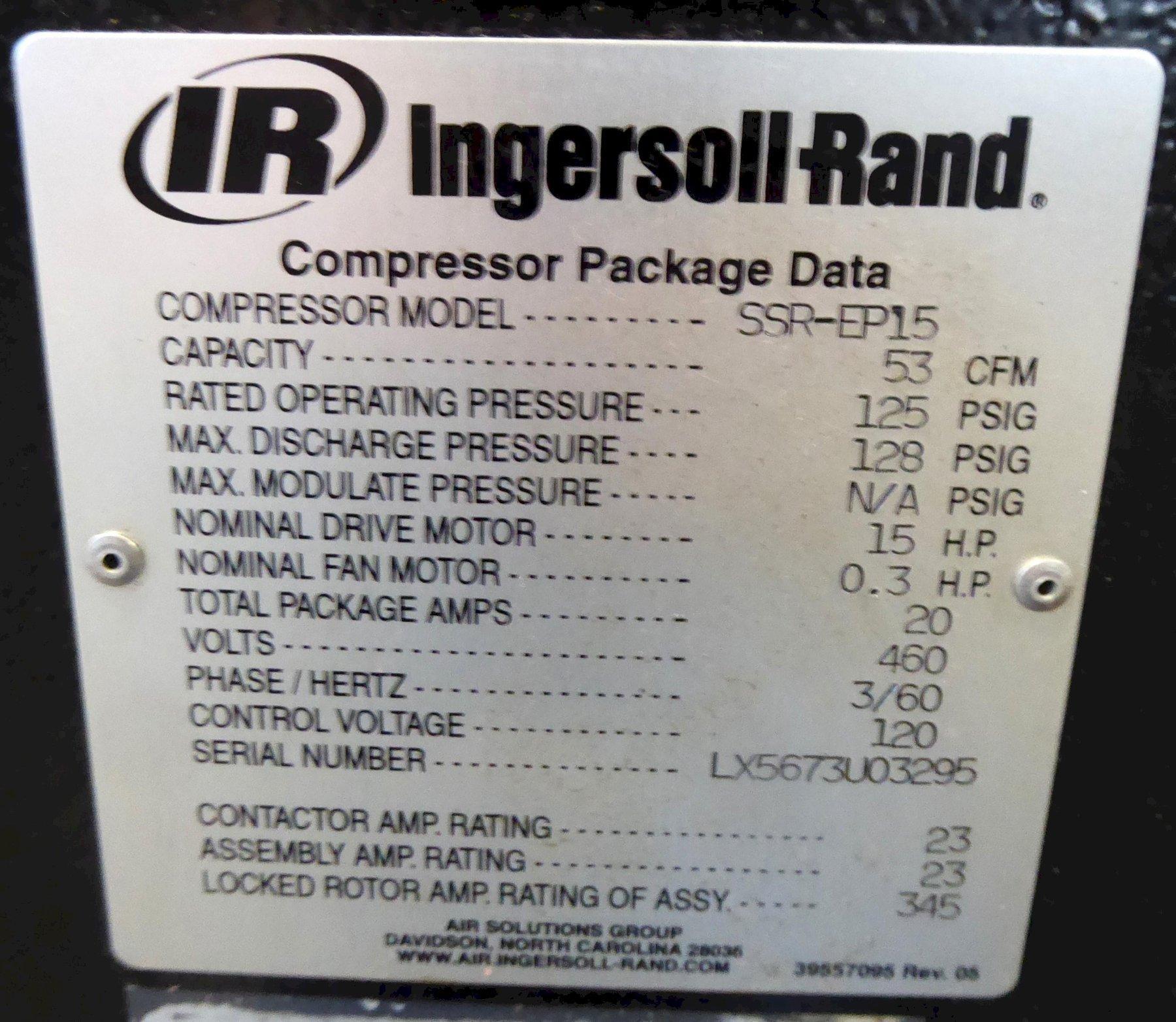 15 HP Ingersoll Rand Rotary Air Compressor SSR-EP15, 53 CFM, 125 PSI ...