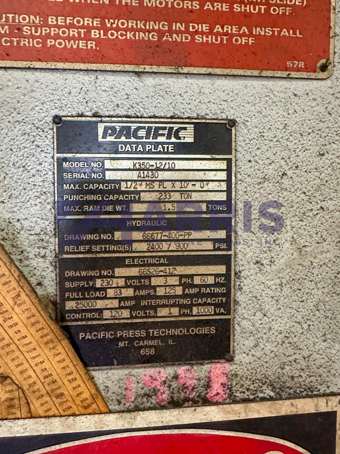 350 ton x 12′ Pacific Press Brake (floor flush) | Harris Machine Tools