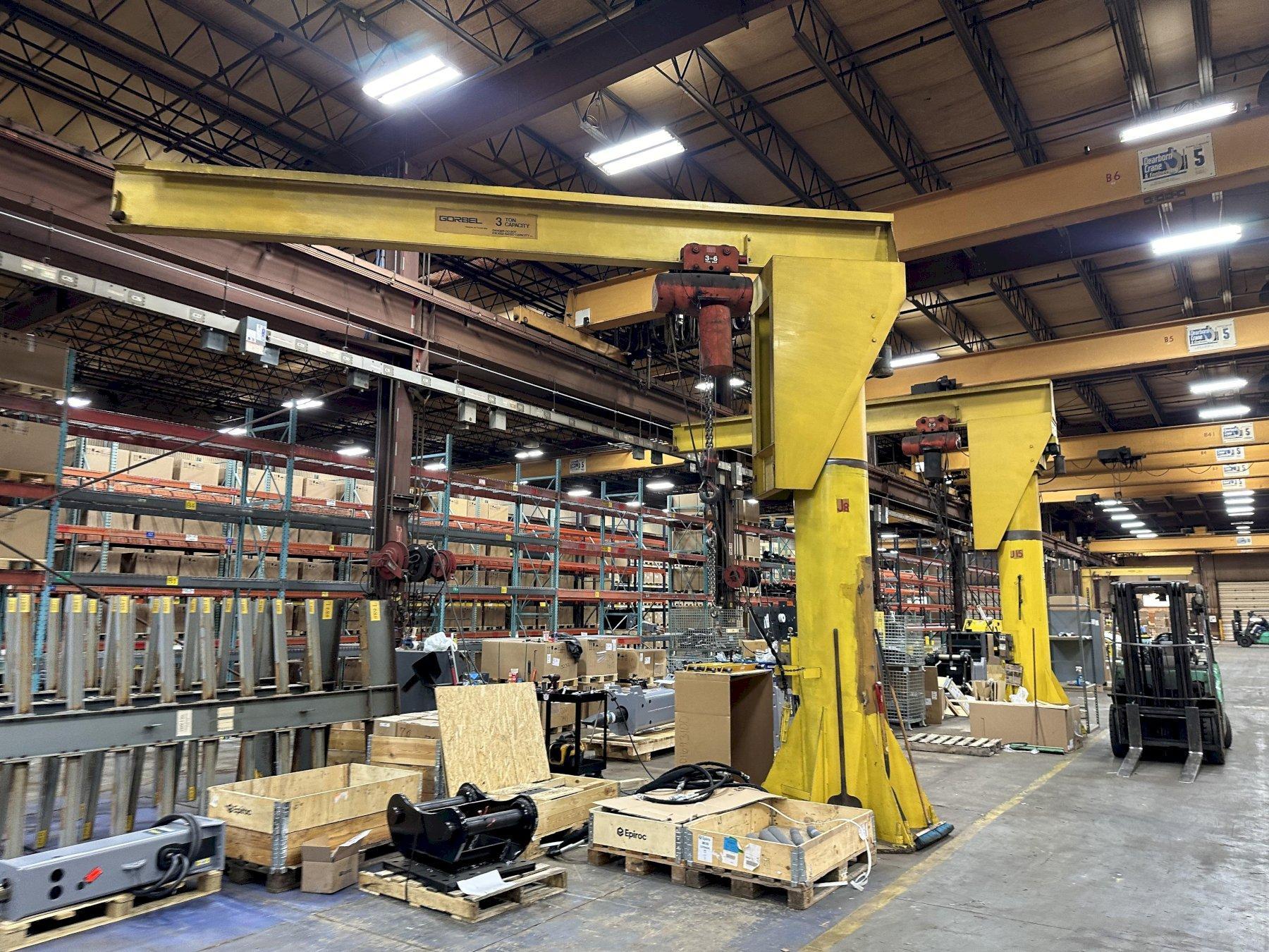 3 TON X 16′ X 15′ H GORBELL FREE STANDING JIB CRANE W/ HOIST & POWER ...