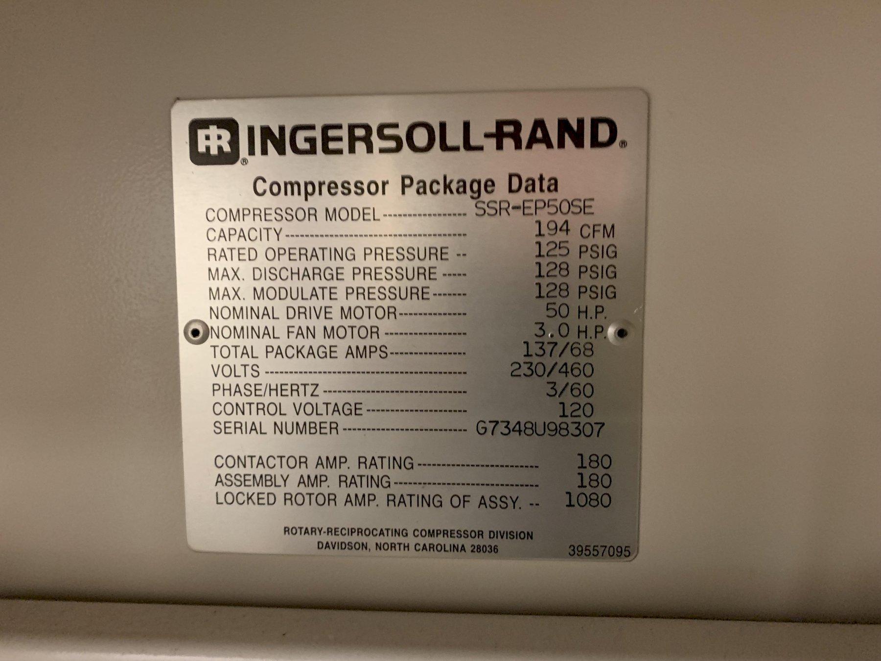 50-HP INGERSOLL RAND MODEL SSR-EP50SE AIR COMPRESSOR; S/N G7348U98307 ...