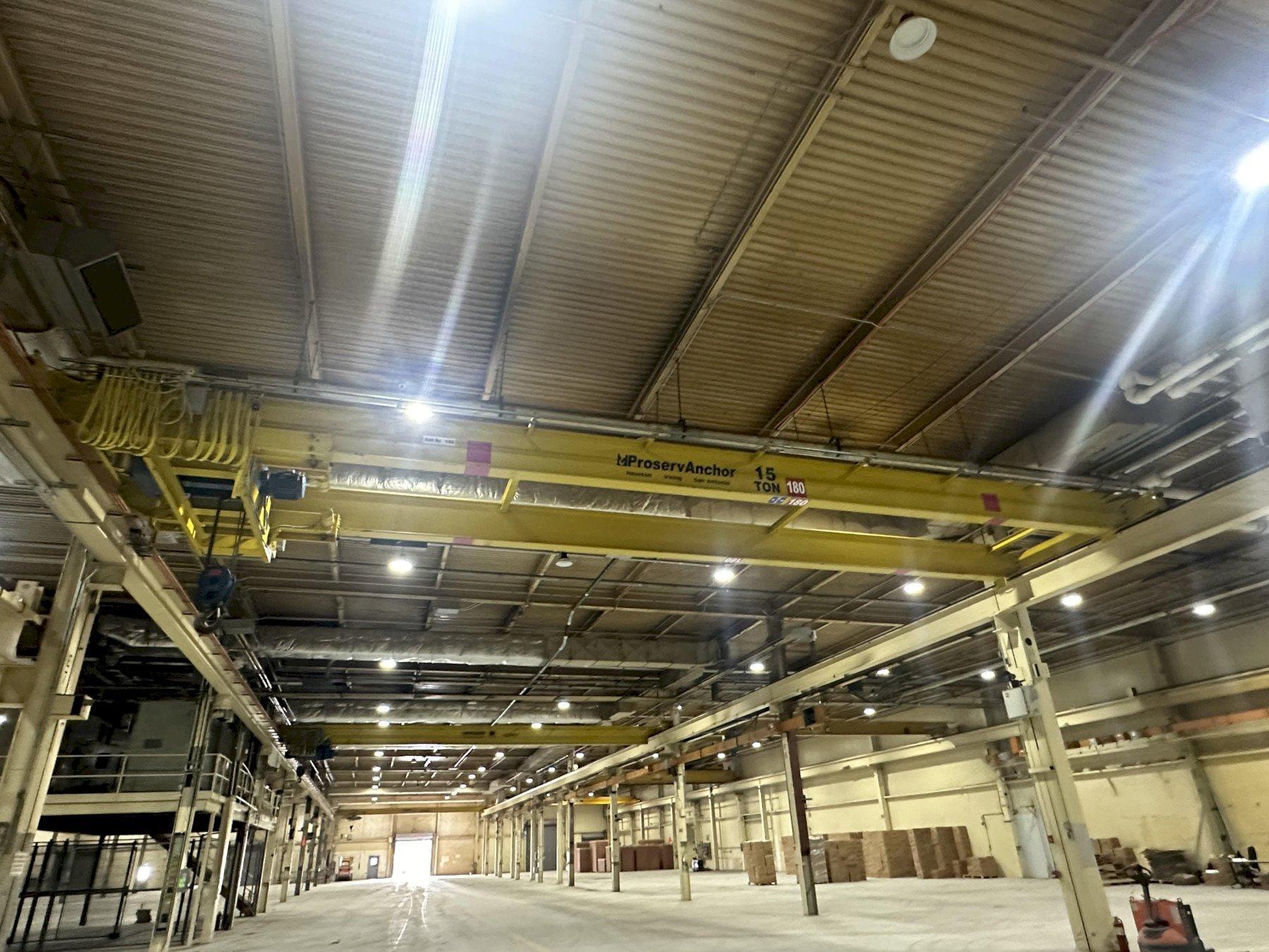 15 TON X 47’6″ PROSERV ANCHOR OVERHEAD BRIDGE CRANE W/ SHAWBOX HOIST ...