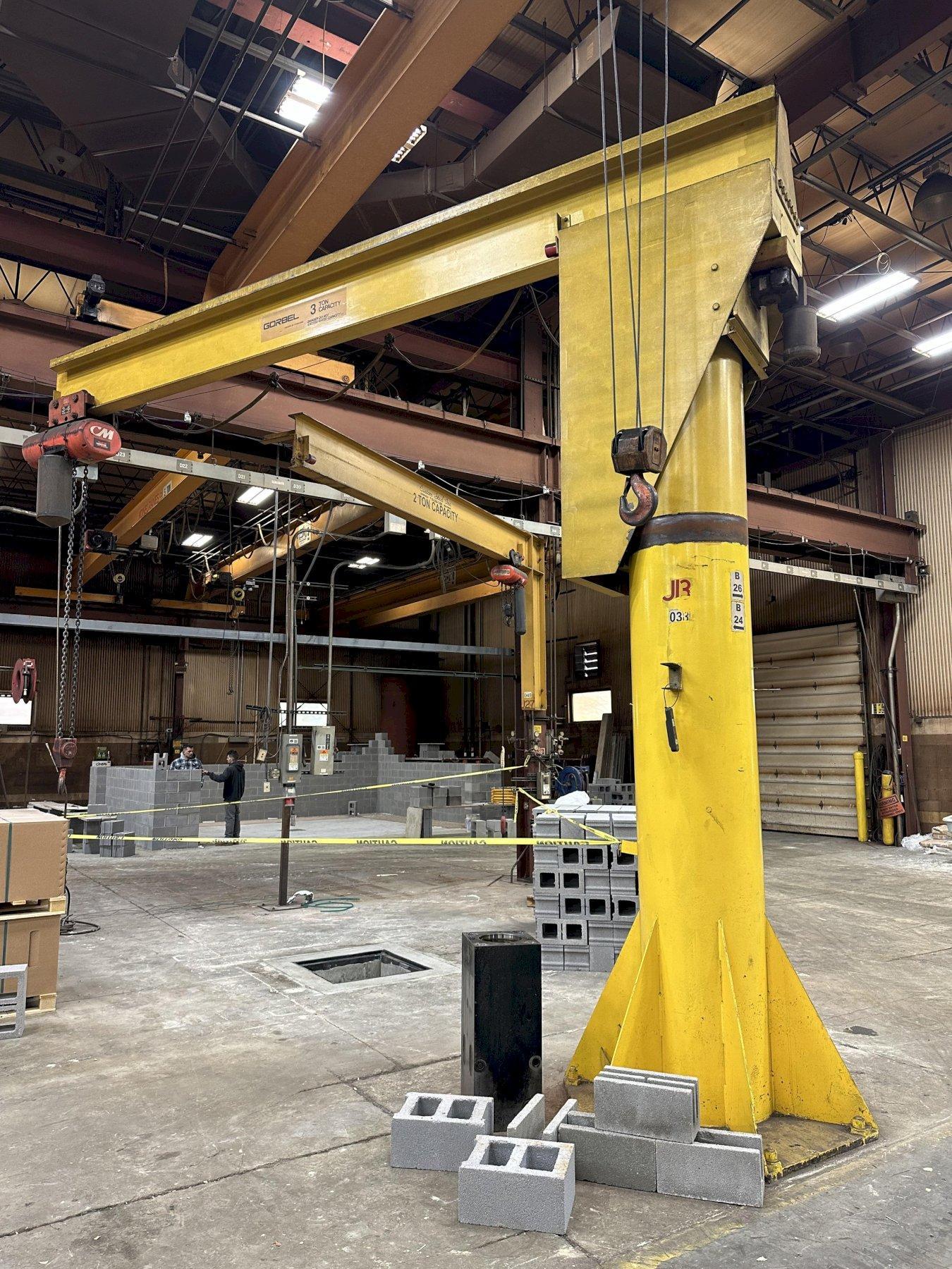 3 TON X 16′ X 15′ H GORBELL FREE STANDING JIB CRANE W/ HOIST & POWER ROTATION: STOCK #22243