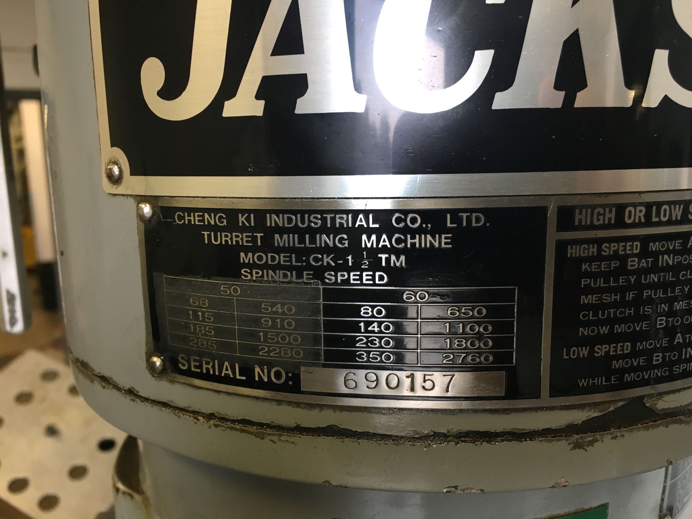 JACKSON (Cheng Ki) Model CK 1-1/2TM Step Pulley Vertical Mill, S/N ...