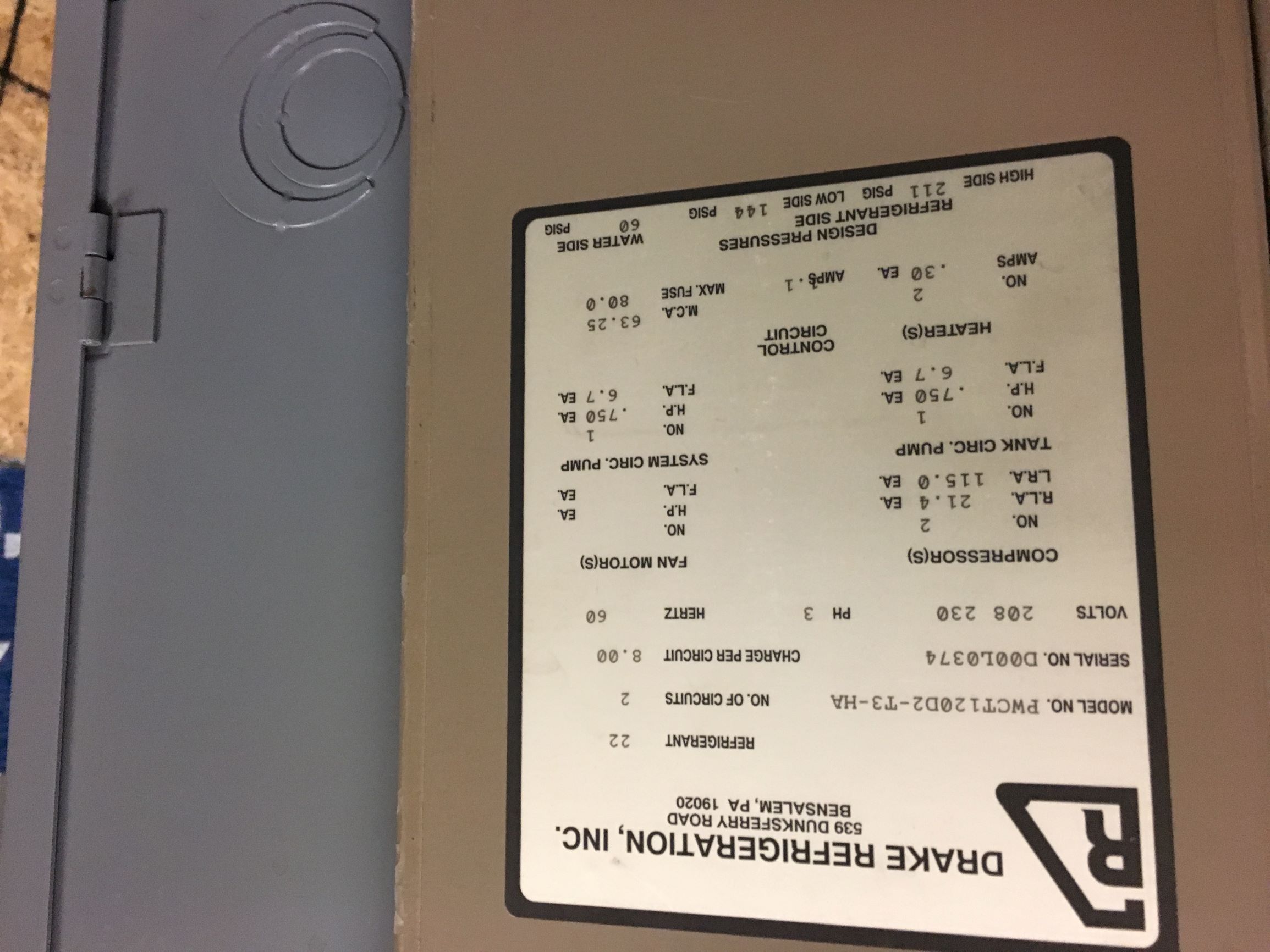 DRAKE REFRIGERATION Model PWCT120D2-T3-HA Heat Exchanger, S/N D00L0374 ...