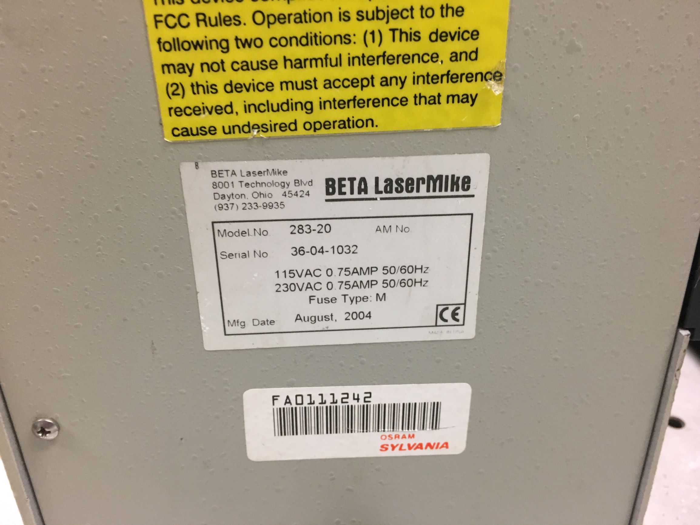 Beta Lasermike #283-20 Laser Micrometer, s/n 36-04-1032, New 2004. | AMC