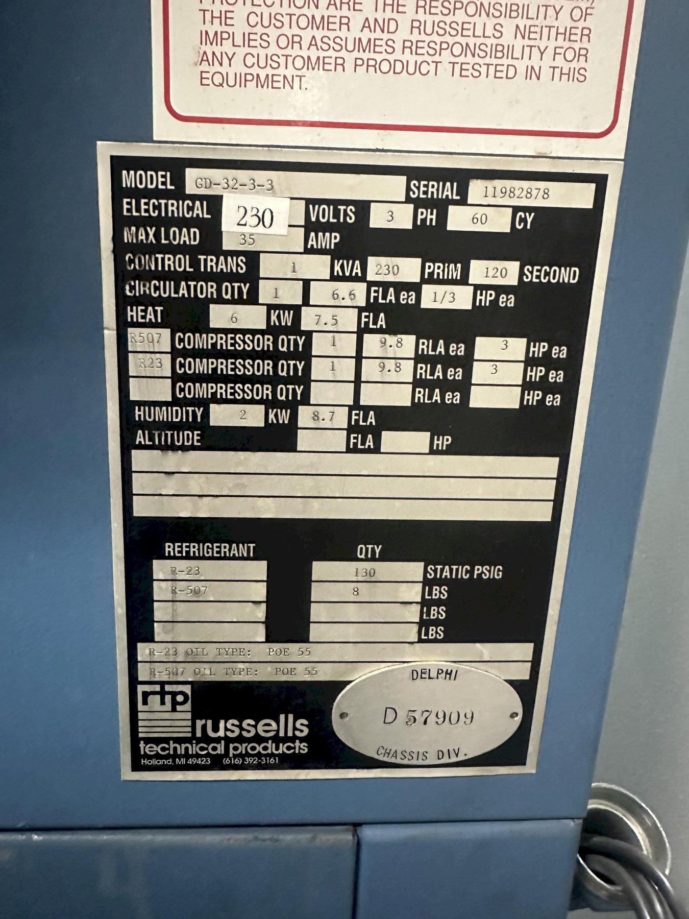 RUSSELLS MODEL #GD-32-3-3 ENVIRONMENTAL CHAMBER: STOCK #20979