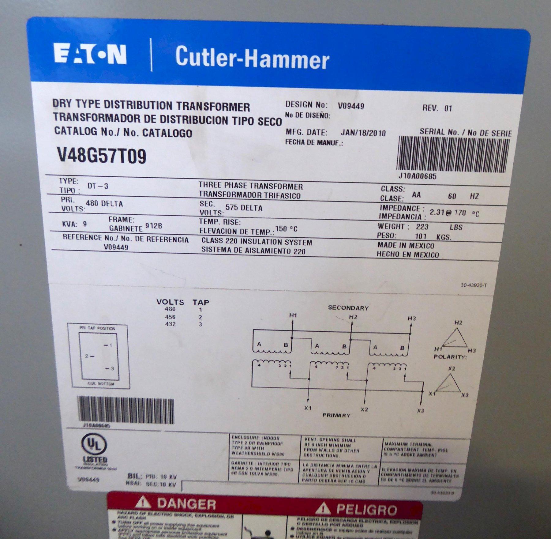 9 KVA Cutler-Hammer Transformer, 480 Volts Primary, 575 Volts Secondary ...