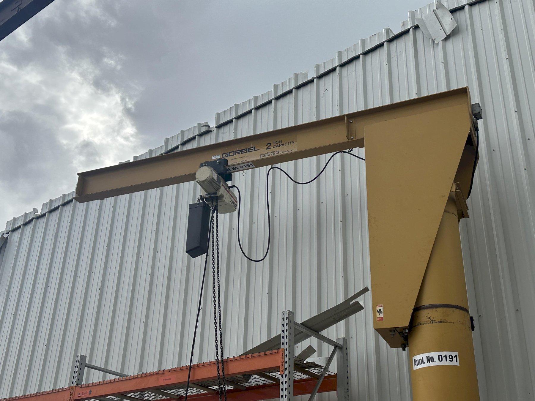 2 TON 12′ SPAN X 18′ GORBEL FREE STANDING JIB CRANE/COFFING HOIST: STOCK #20445