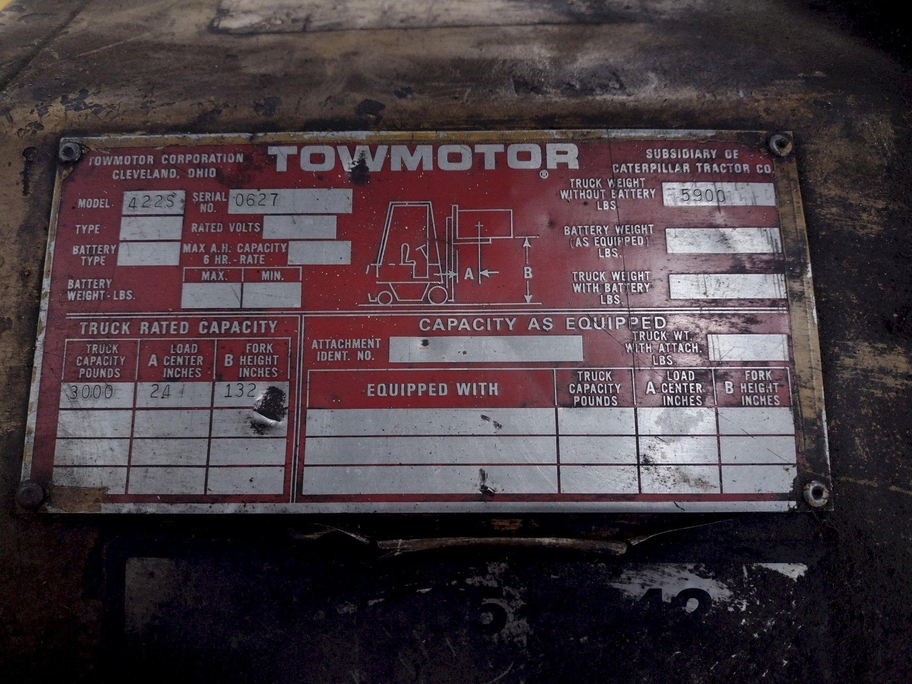 3000 LBS TOWMOTOR MODEL #4225 LP GAS FORKLIFT: STOCK #17287